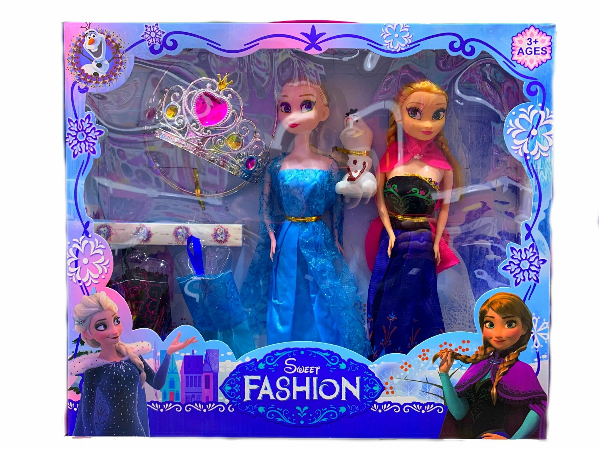 Игровой набор кукол 3 шт. Frozen Холодное Сердце. Анна, Эльза, Олаф + платья, корона.