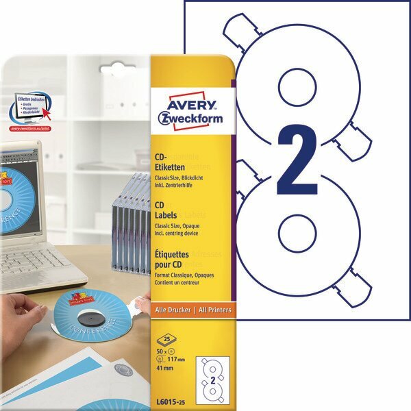 Этикетки Avery Zweckform [L6015-25] для CD (белые, Ø117 мм, 50 шт, 25 листов, классический размер)