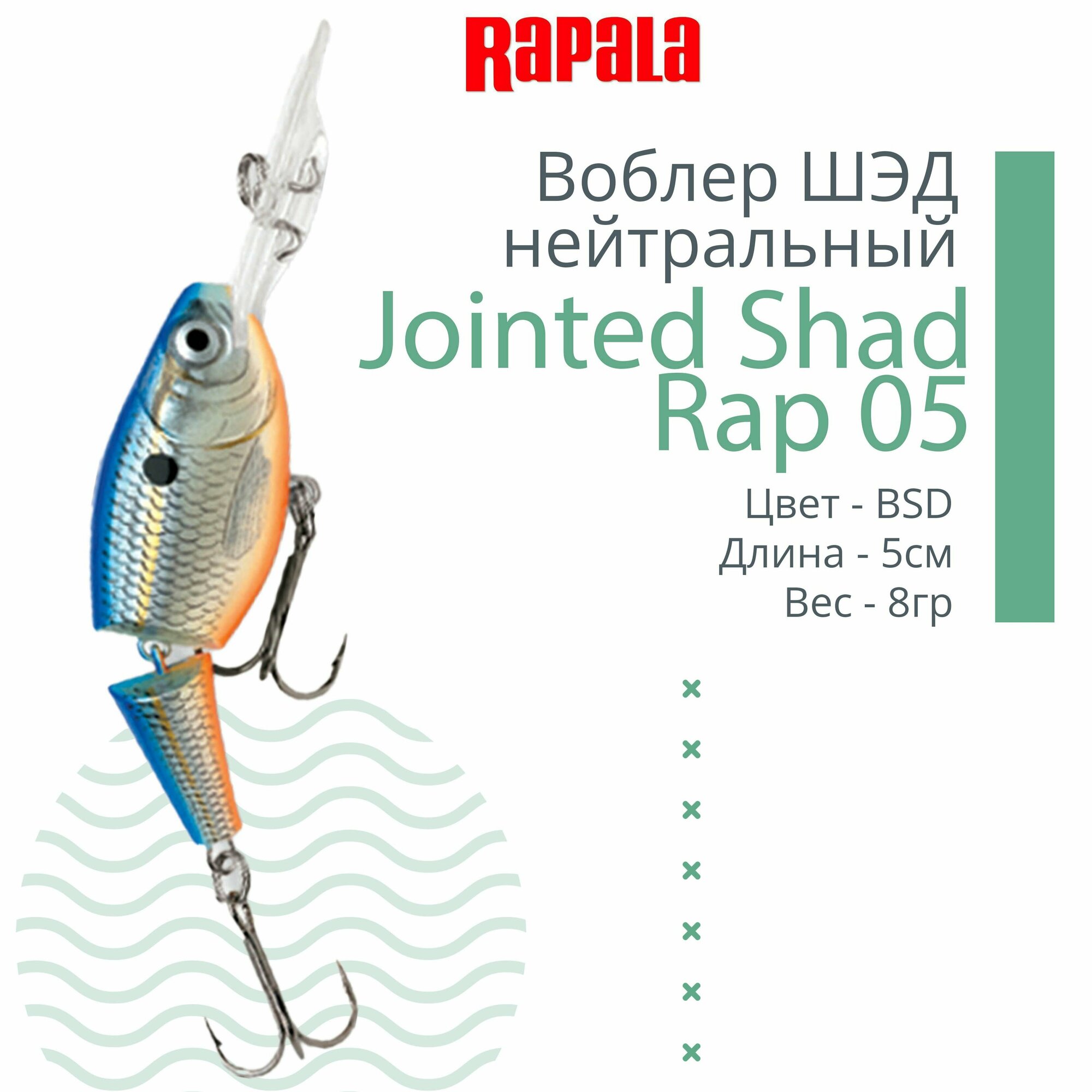 Воблер для рыбалки RAPALA Jointed Shad Rap 05, 5см, 8гр, цвет BSD, нейтральный