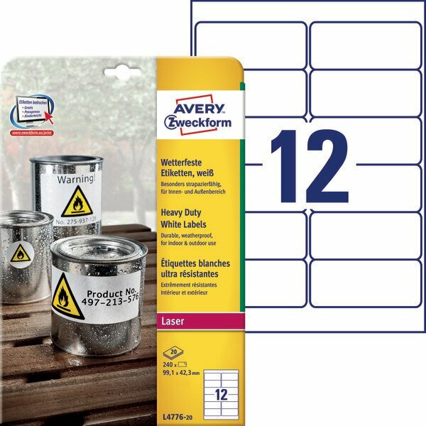 Всепогодные пленочные этикетки Avery Zweckform [L4776-20] (99.1x42.3 мм, 240 шт, 20 листов)