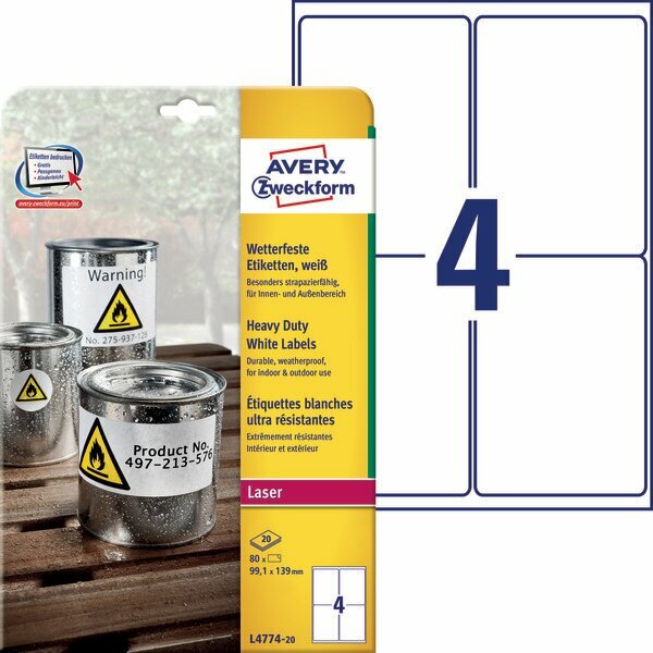 Всепогодные пленочные этикетки Avery Zweckform [L4774-20] (99.1x139 мм, 80 шт, 20 листов)
