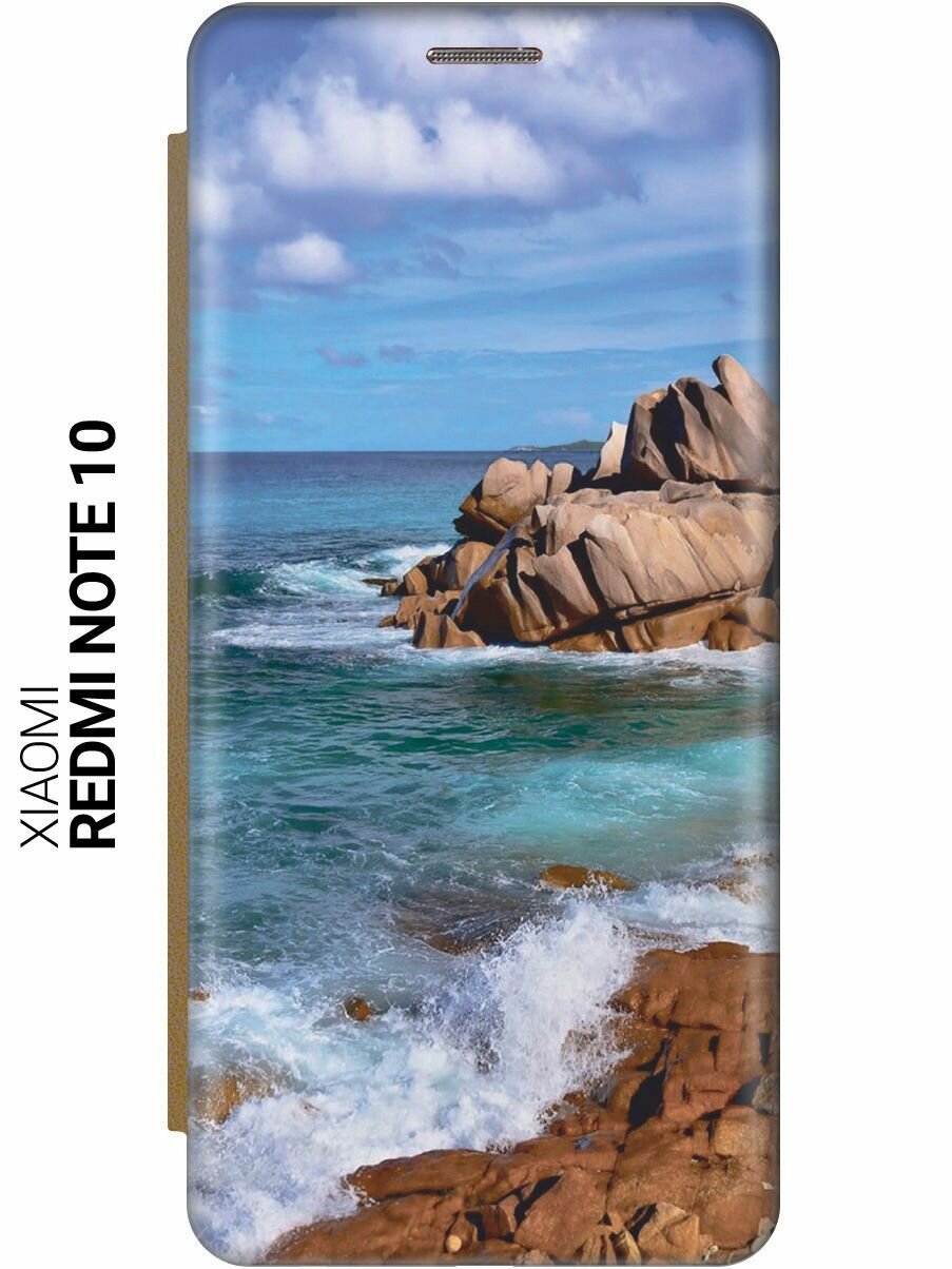 Чехол-книжка на Xiaomi Redmi Note 10, Note 10S, Сяоми Редми Ноут 10, Ноут 10С c принтом "Скалистый берег" золотистый