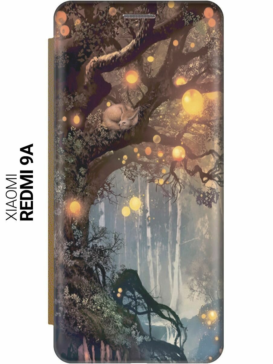 Чехол-книжка на Xiaomi Redmi 9A, Сяоми Редми 9А c принтом "Лиса на древе" золотистый
