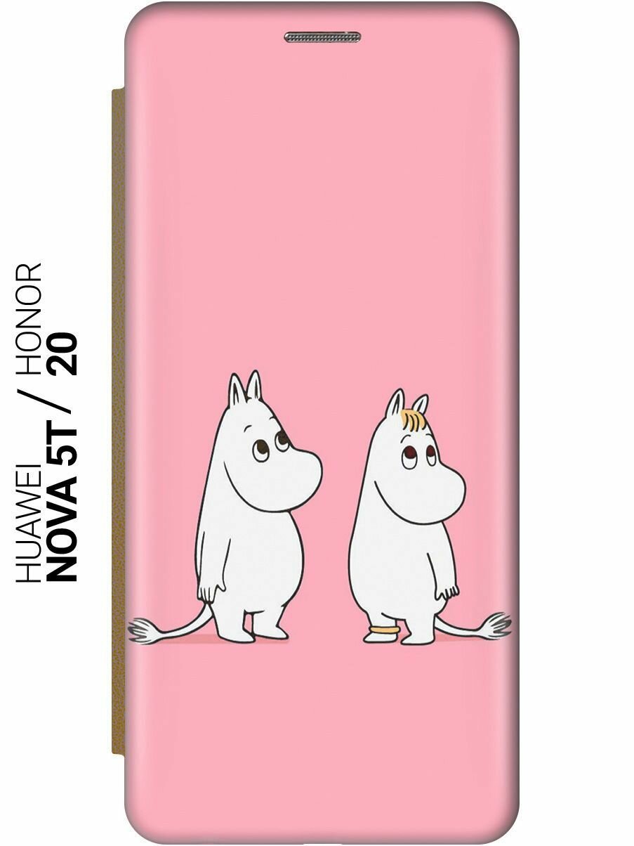 Чехол-книжка на Honor 20, Huawei Nova 5T, Хонор 20, Хуавей Нова 5Т c принтом "Муми-тролли на розовом" золотистый