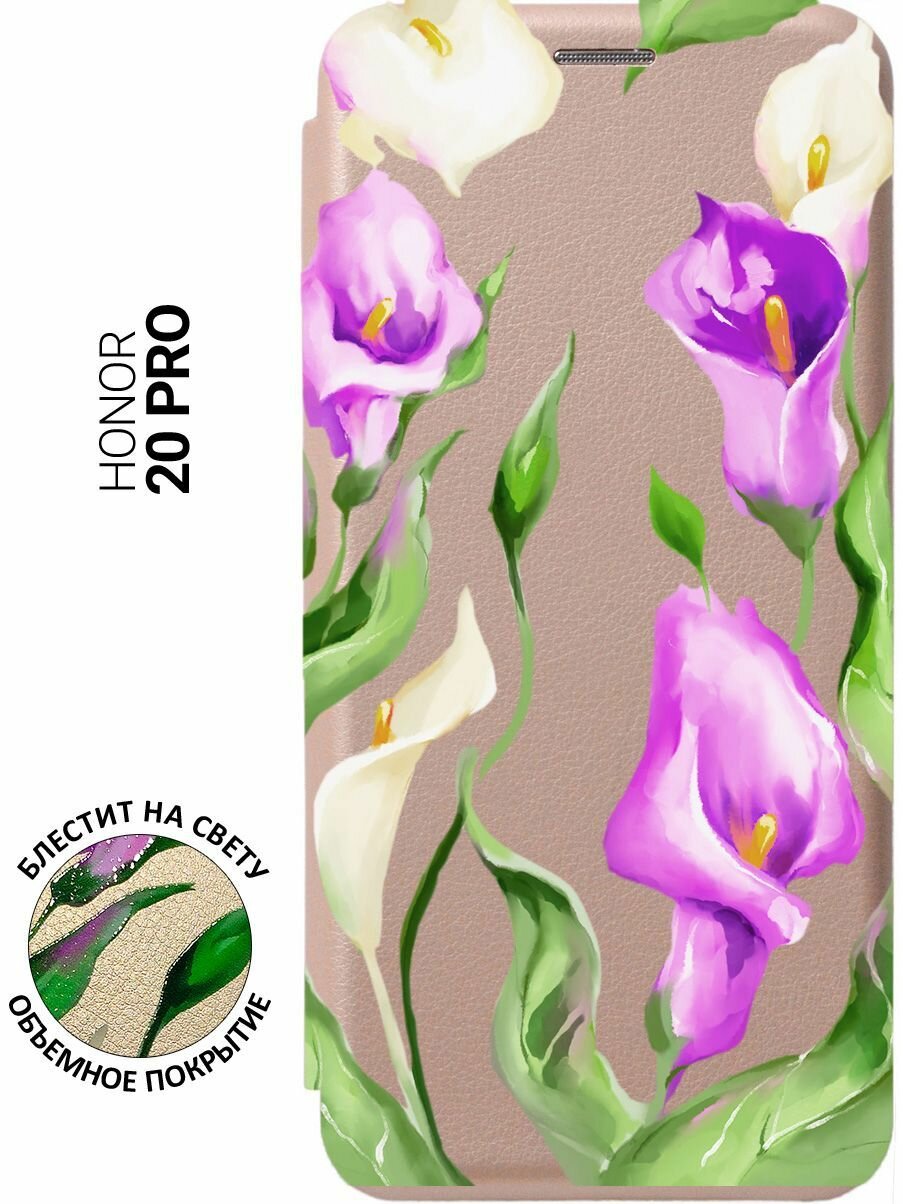 Чехол-книжка на Honor 20 Pro, Хонор 20 Про с 3D принтом "Amazing Callas" золотистый
