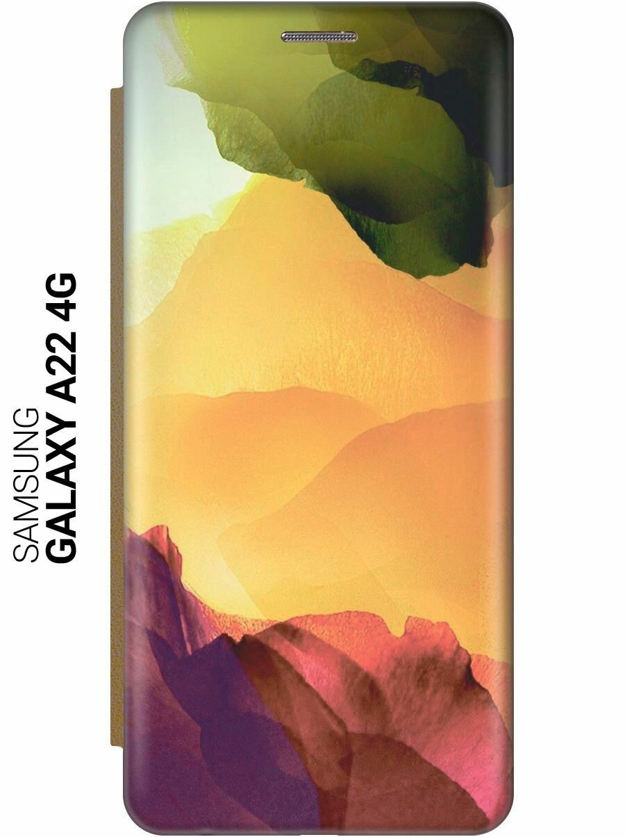 Чехол-книжка на Samsung Galaxy A22, M32, M22, Самсунг А22, М32, М22 c принтом "Разноцветный гербарий" золотистый