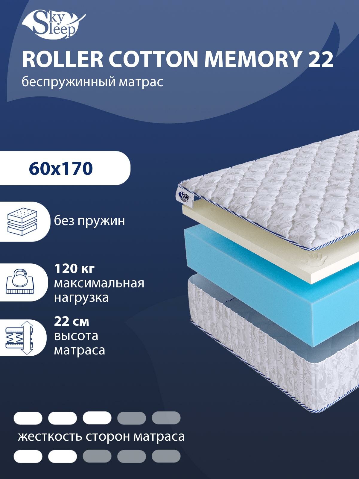 Беспружинный ортопедический матрас SkySleep FLEX Plus Memo 22 на диван кровать 60x170