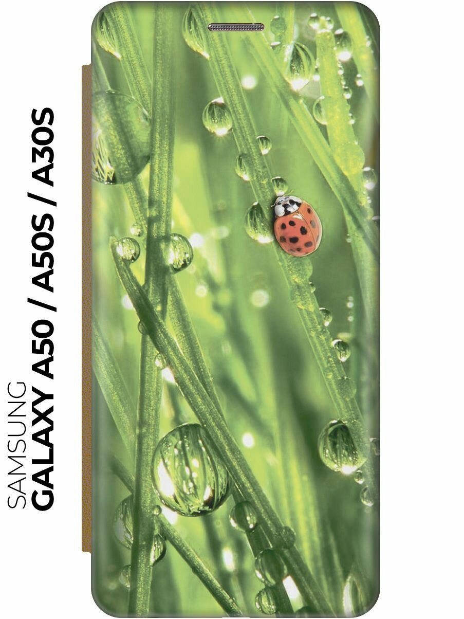 Чехол-книжка Божья коровка и капельки на Samsung Galaxy A50 / A50s / A30s / Самсунг А50 / А30с / А50с золотой