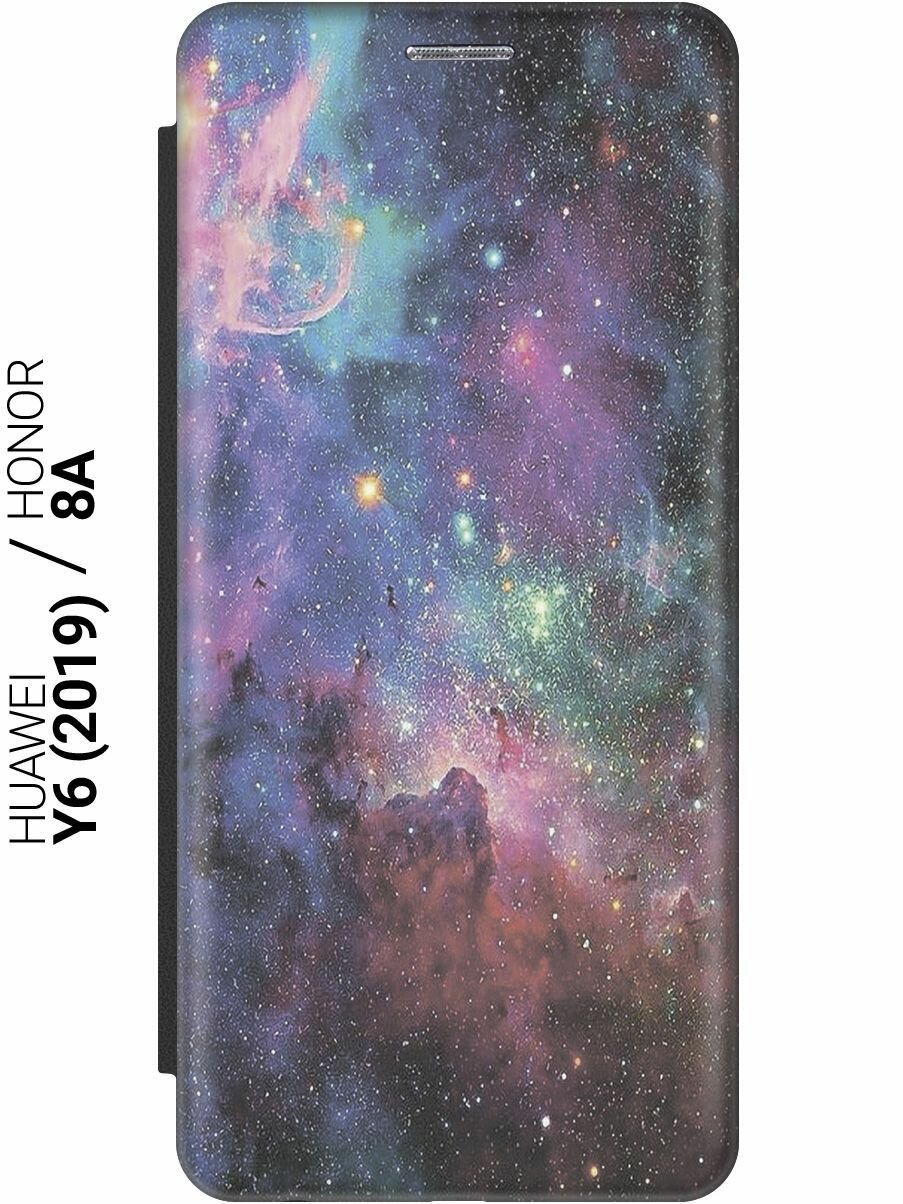 Чехол-книжка на Honor 8A, 8A Pro, Huawei Y6 (2019), Y6 Prime (2019), Хуавей Хонор 8а c принтом "Волшебный космос" черный