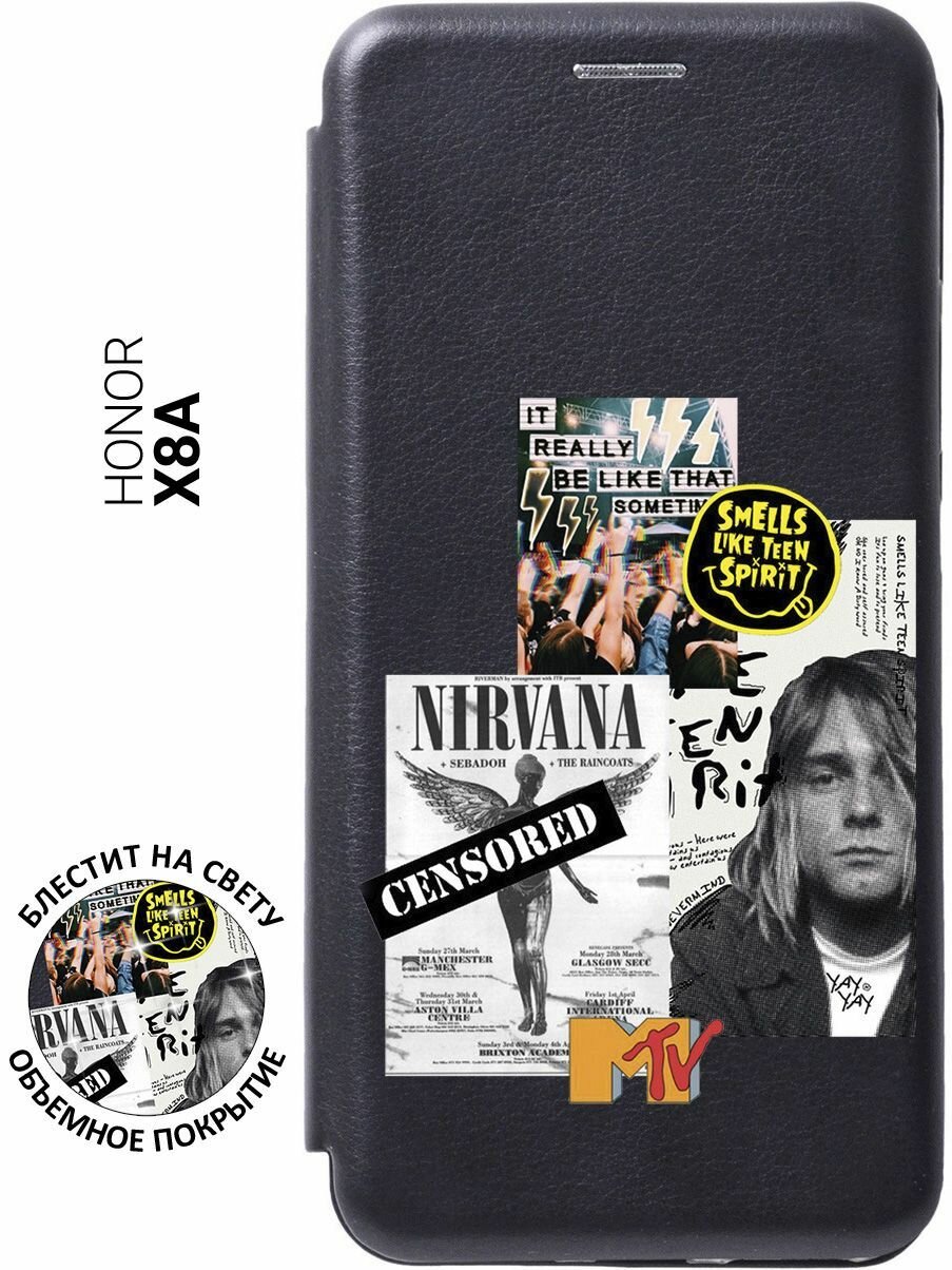 Чехол-книжка на Honor X8a, Хонор Х8А с 3D принтом "Nirvana" черный