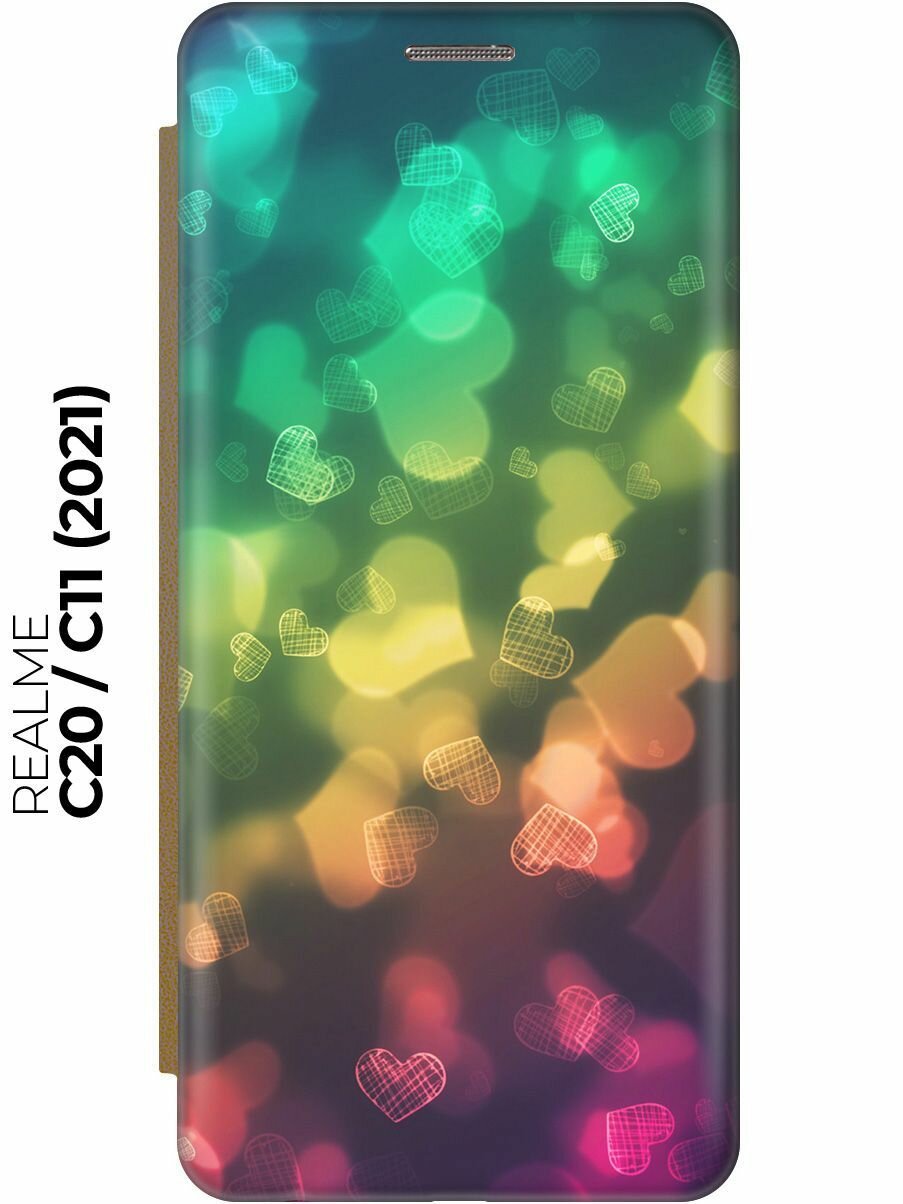 Чехол-книжка Сердечки на realme C20 / C11 (2021) / Рилми С20 / С11 (2021) золотой