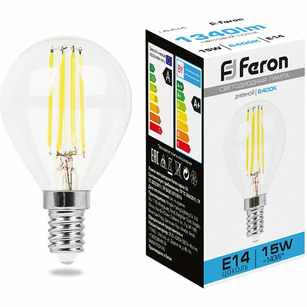Лампа FERON LB-515, E14, 15W, 6400K, филаментная, прозрачная,