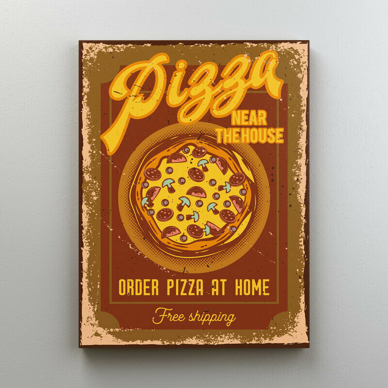 Интерьерная картина на холсте "Винтажный постер - Сочная пицца, для кухни, кафе и ресторанов" размер 22x30 см