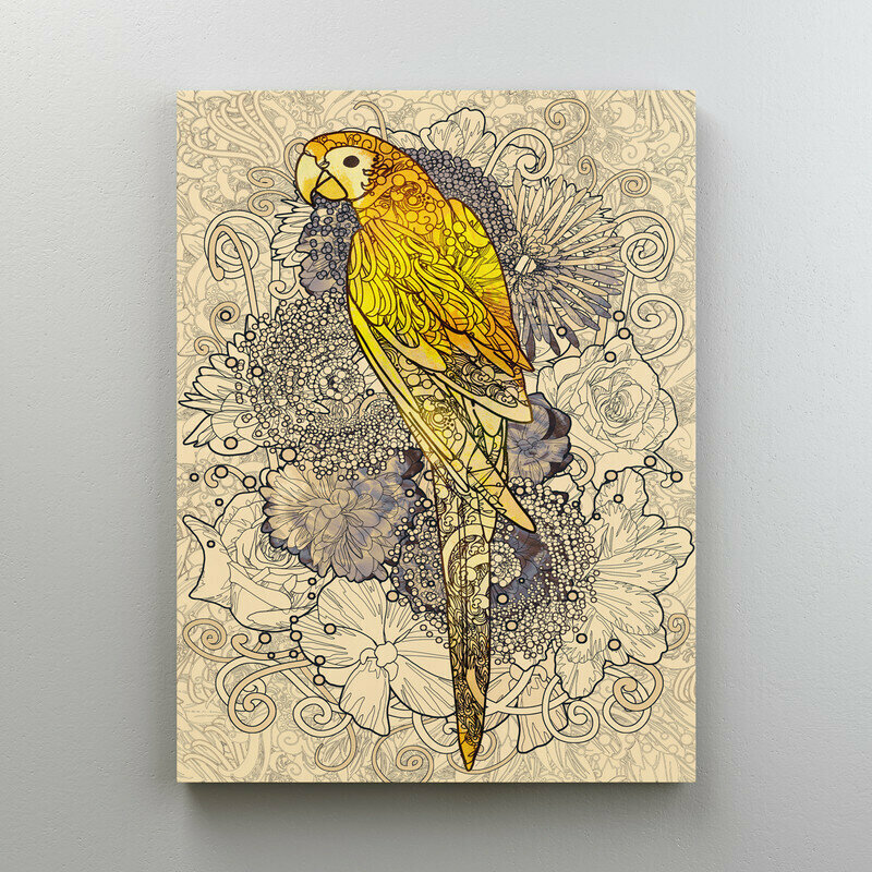 Интерьерная картина на холсте "Золотой попугай на фоне цветов" размер 30x40 см