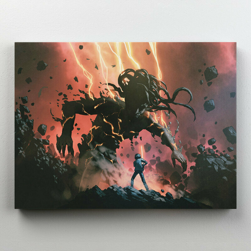Интерьерная картина на холсте "Маленький мальчик и монстр из лавы" размер 30x22 см