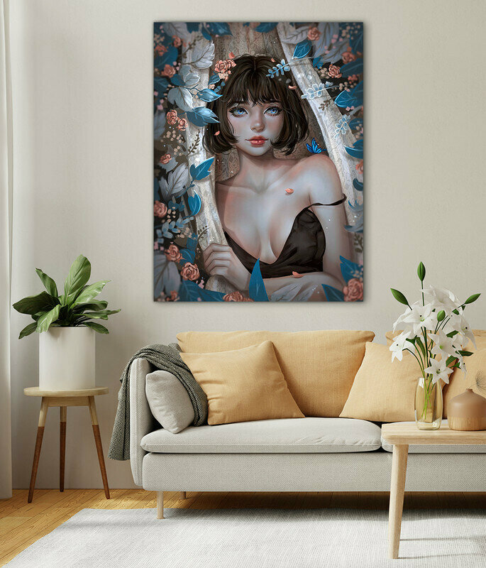 Интерьерная картина на холсте "Голубоглазая девушка в нежных розах" размер 45x60 см