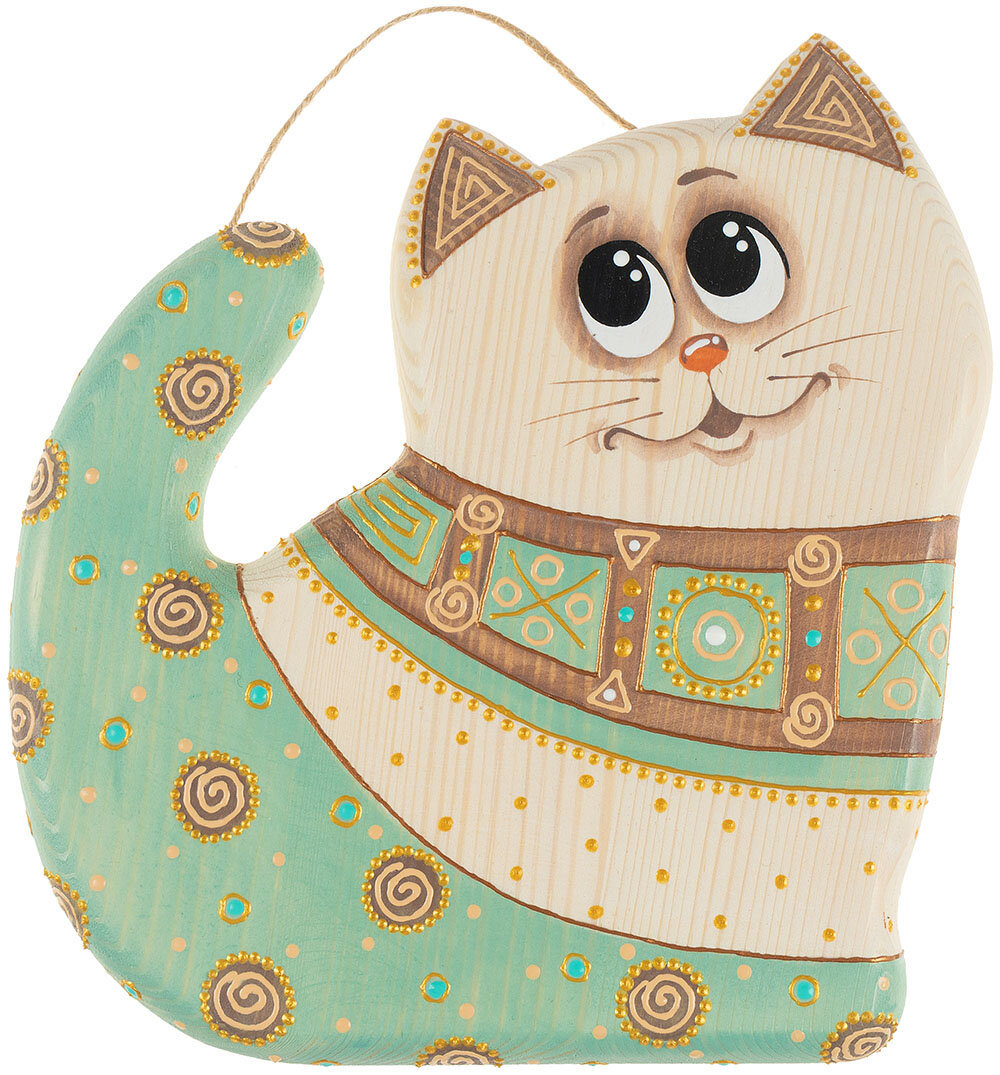Подвеска деревянная ручной работы Кошка Дуся с узором (692501)