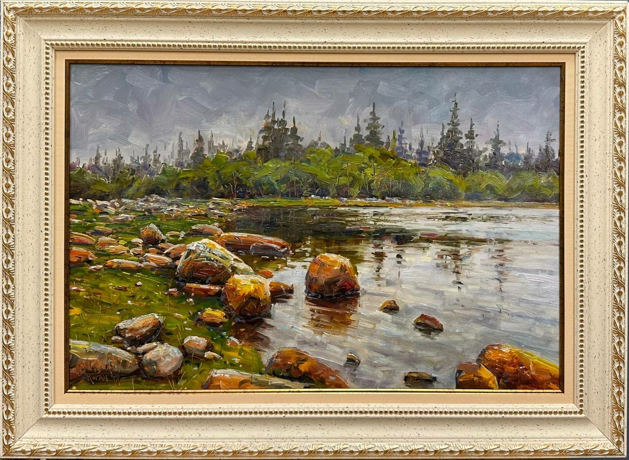 Картина маслом, летний пейзаж "Каменистый берег. Байкал"