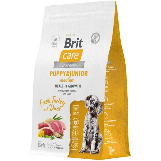 Корм сухой для щенков, беременных и кормящих собак средних пород Brit CARE Dog Puppy&Junior M Healthy Growth с индейкой и уткой 3 кг