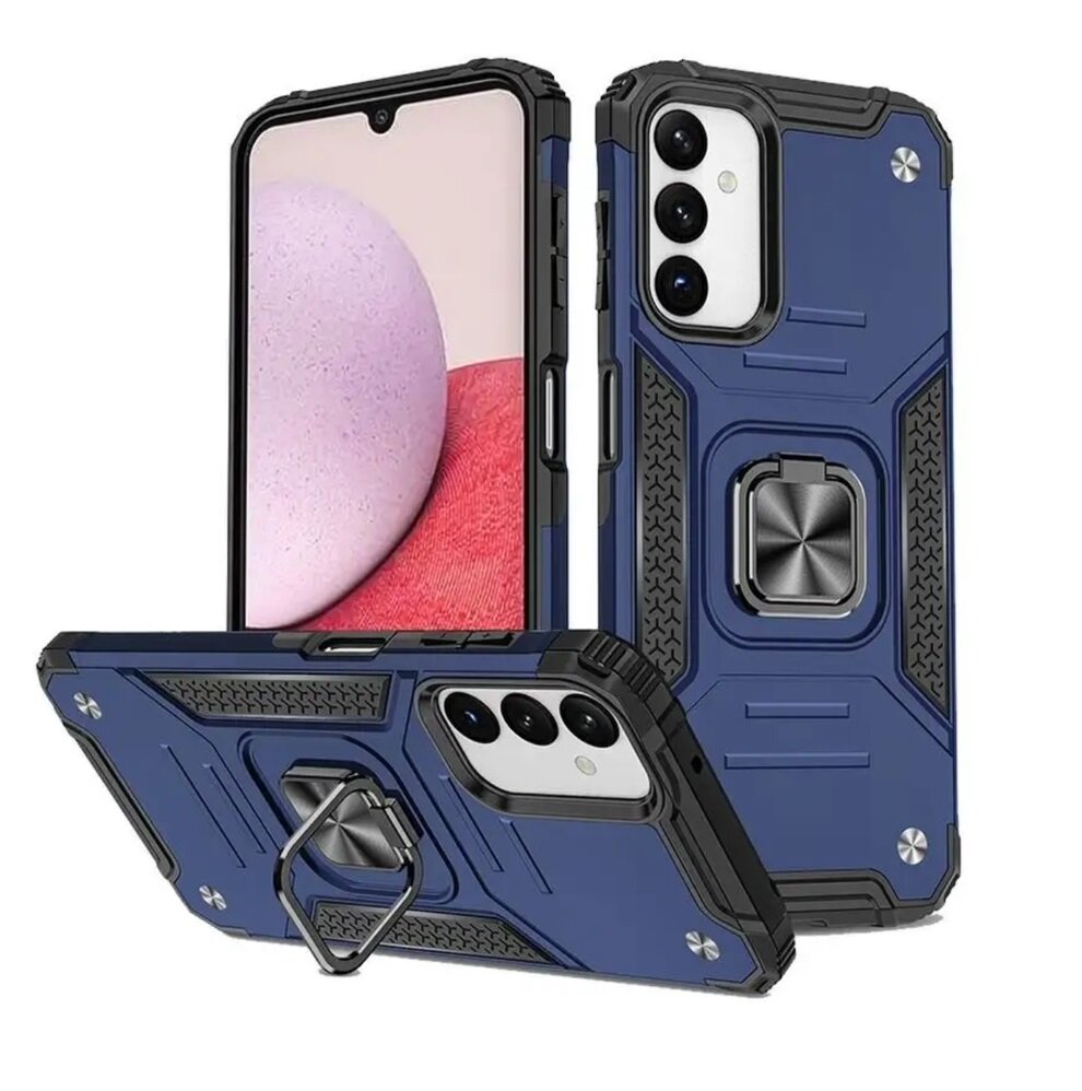 Противоударный чехол для Samsung Galaxy A14 4G синий с пластиной для магнитного автодержателя и кольцом подставкой