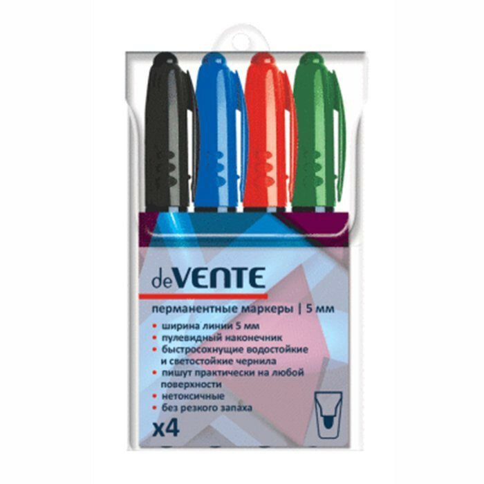 Маркер перманентный deVENTE набор 4шт зеленый/красный/синий/черный, 5мм арт.5043738. Количество в наборе 5 шт.