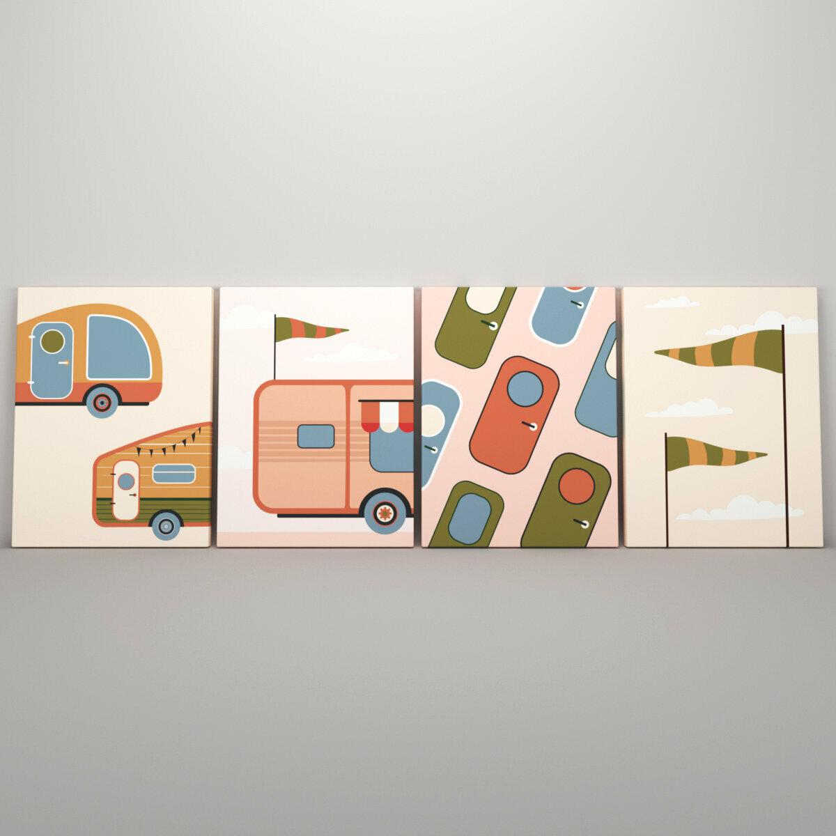 Набор картин на холсте (коллекция интерьерных постеров) квадриптих детский "Машины и автобусы", с деревянным подрамником, размер 45x60 см, 4 шт.