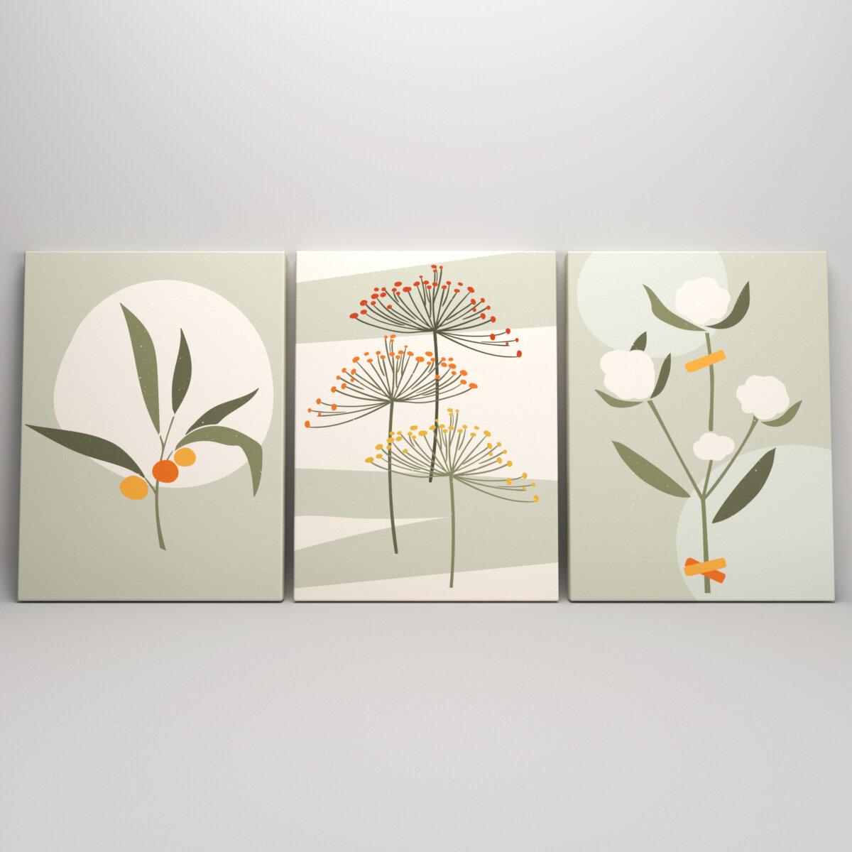 Набор картин на холсте (коллекция интерьерных постеров) "Зеленые растения" в скандинавском стиле, с деревянным подрамником, размер 45x60 см, 3 шт.
