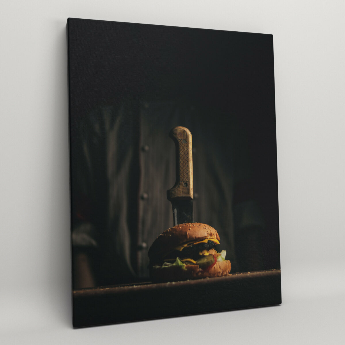 Картина на холсте (интерьерный постер) "Бургер от шефа" для кухни, кафе и ресторанов, с деревянным подрамником, размер 30x40 см