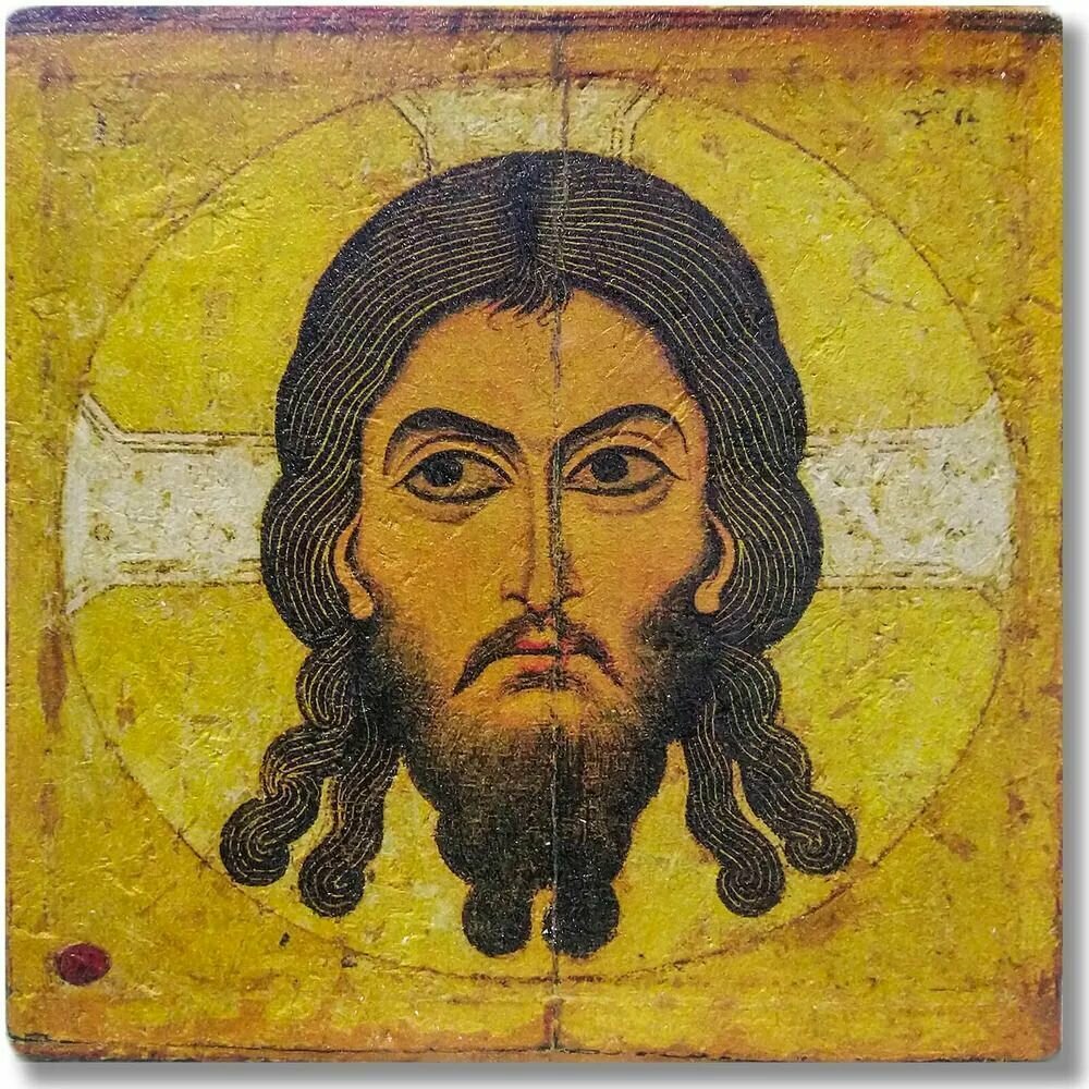Репродукция/Фреска на доске/Новгородская двустороняя икона XII века "Спас Нерукотворный" и "Прославление креста"/50х50 см