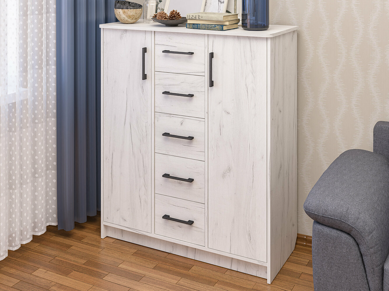 Комод МК" Пирамида" К-03, 5 ящиков и 2 распашные дверцы, крафт светлый 120х102х45 см