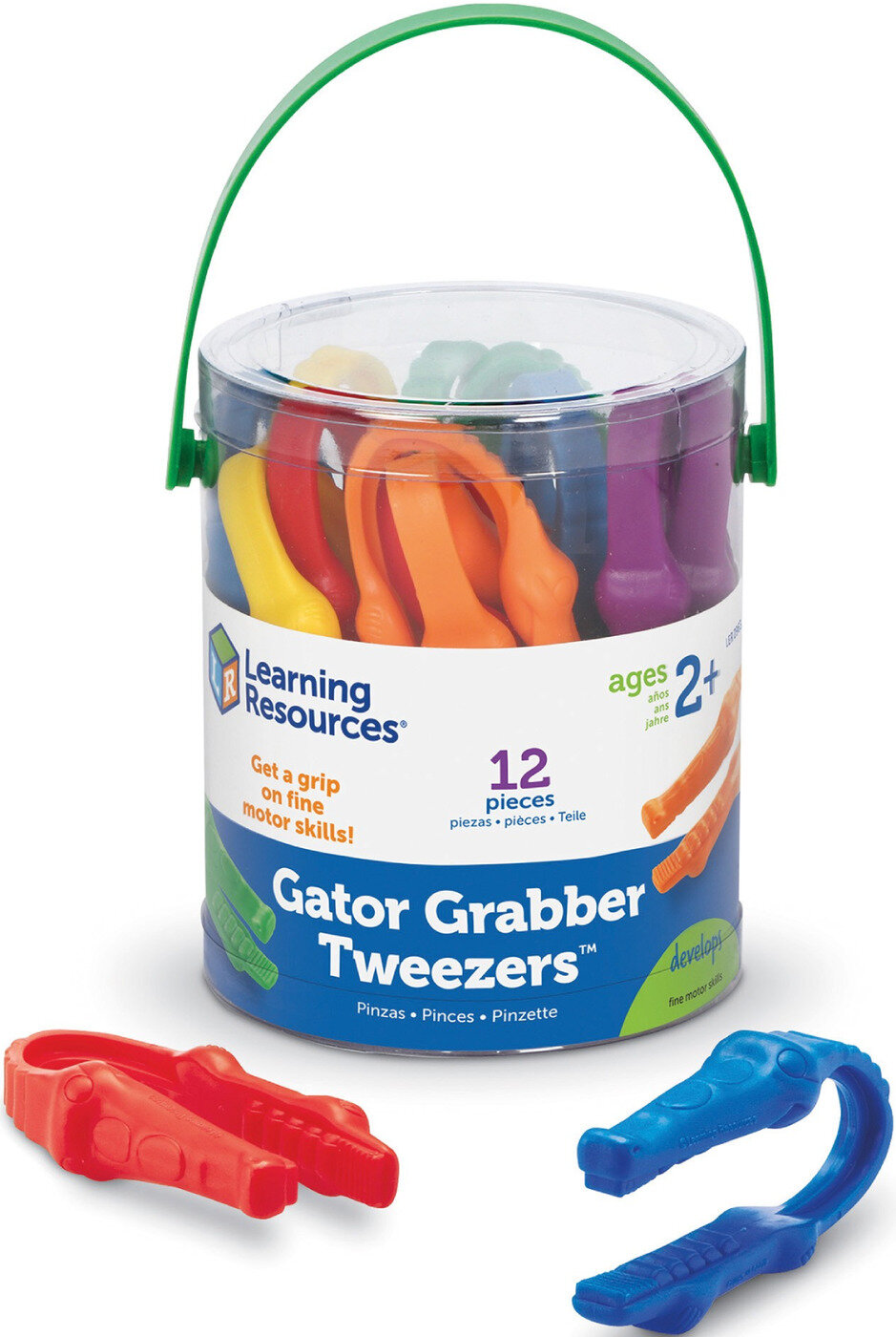 Детские большие пинцеты для опытов и сортировки Learning Resources "Крокодильчики" в ведре, игровой набор из 12 больших щипчиков для развития мелкой моторики