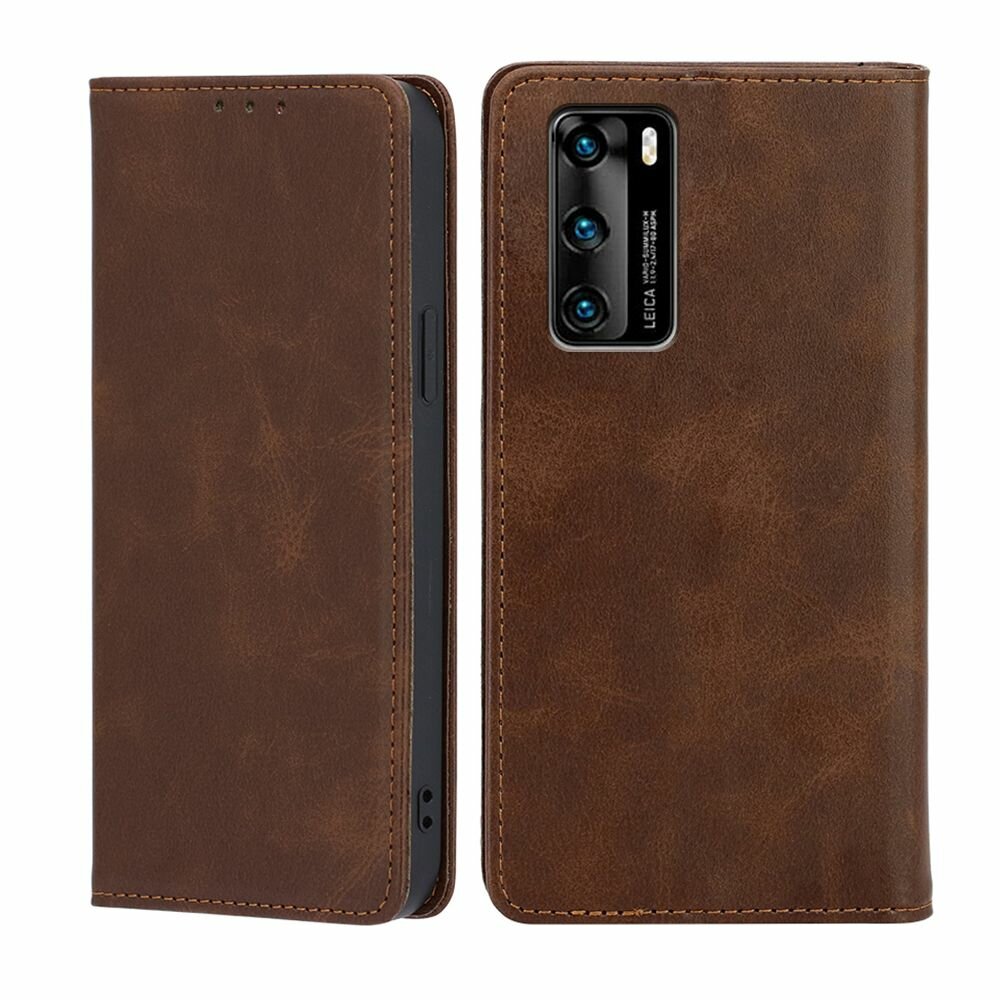 Чехол-книжка MyPads для Huawei P40 / Хуавей P40, Телячья кожа, закрывающаяся на магнит, коричневый
