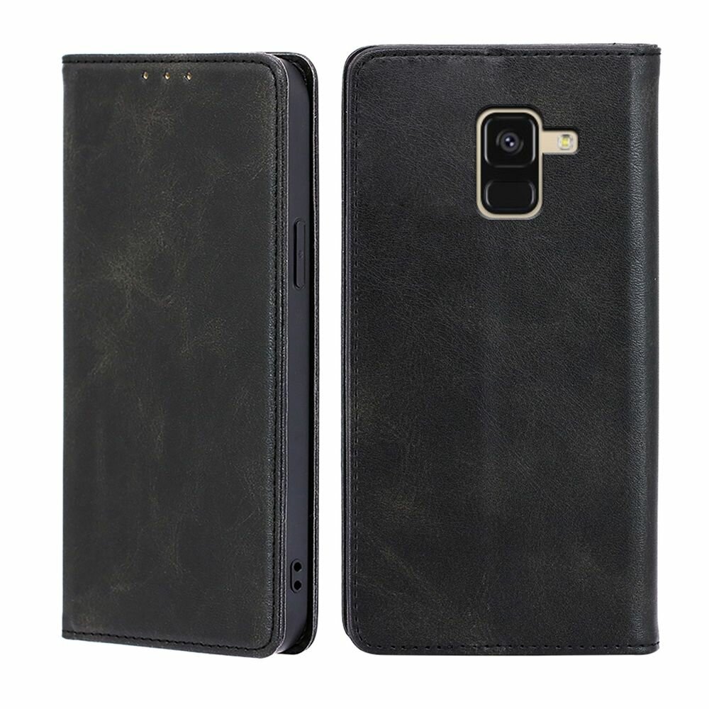 Чехол-книжка MyPads для Samsung Galaxy A8 Plus 2018 / Самсунг, Телячья кожа, закрывающаяся на магнит, черный