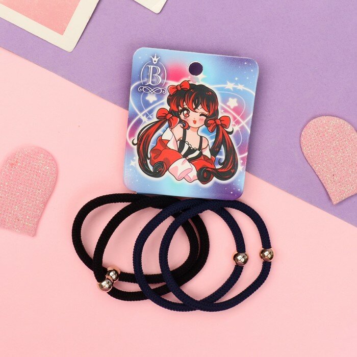 Резинки для волос Выбражулька «Комиксы», набор 4 шт, девчонка бантики, 5 см, чёрные, синие