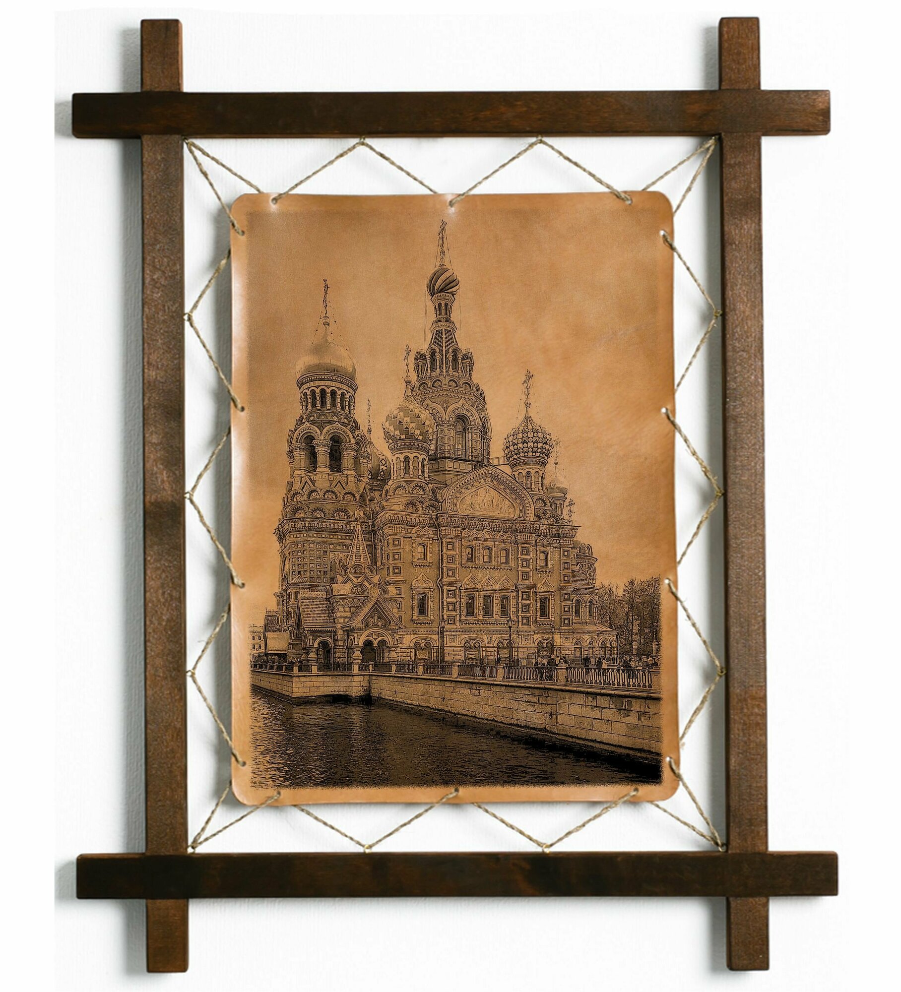 Картина интерьерная, натуральная кожа, "Спас на крови" (Санкт-Петербург), в деревянной раме, BoomGift