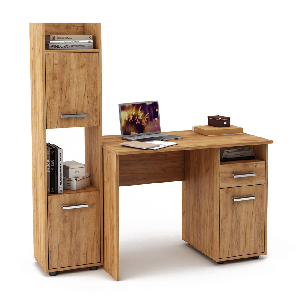 Стол письменный, компьютерный и стеллаж №1, 135 x 60 x 145.3, Дуб золотистый