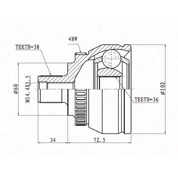 LYNXAUTO CO-3019A (1004980187 / 109 / 109395546) шрус наружный к-кт abs, 21574\ VW Sharan (Шаран) 1.8t 20v / 2.0 / 2.8 v6 / 1.9tdi