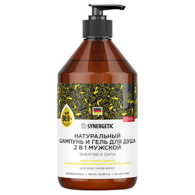 SYNERGETIC Шампунь 2в1 Энергия и Сила мужской 750 мл для волос и кожи головы
