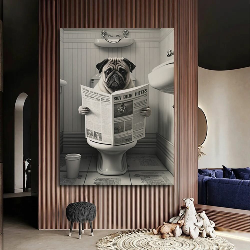 Картина "Мопс читает", в туалете, поп-арт, на подрамнике, 60x40 см