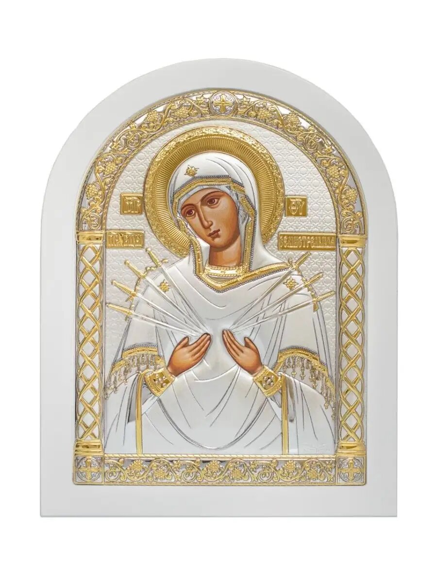 Икона серебряная, греческая Семистрельная БМ, 206х275 мм.