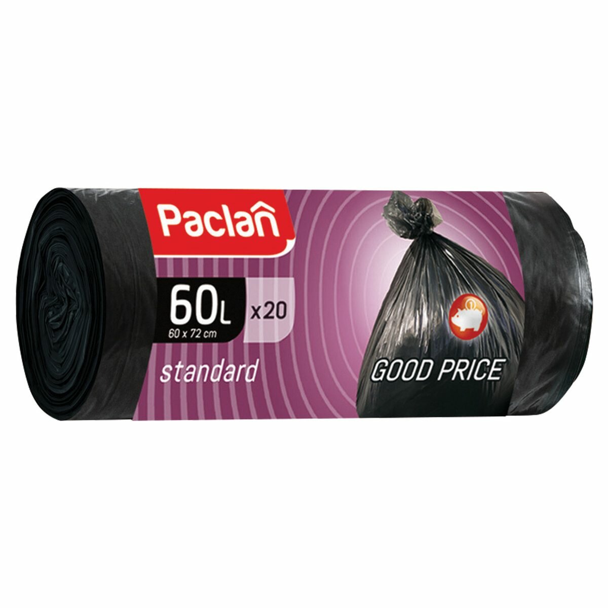 Пакеты для мусора 60л, Paclan Standard (60x70см, 7,4мкм, черные) 20шт. в рулоне (163467)