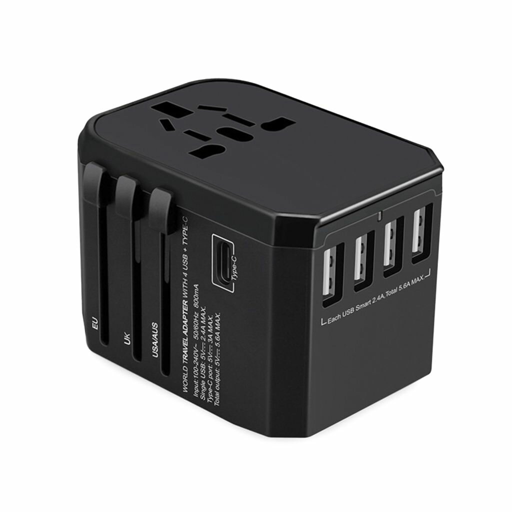 Универсальный дорожный адаптер с 4 портами USB A и 1 портом Type C. Преобразователь розетки международного стандарта для использования по всему миру.