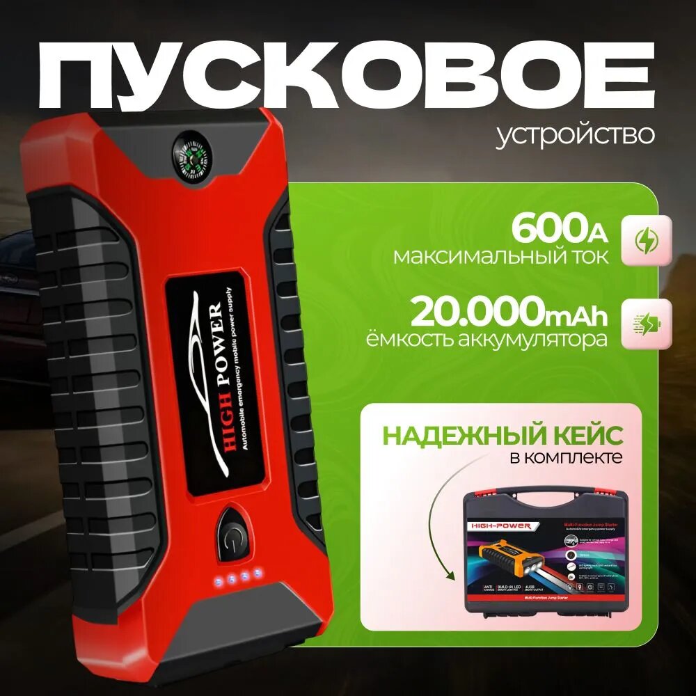 Пусковое зарядное устройство для автомобиля портативное/ Бустер автомобильный пусковой 20000 мАч