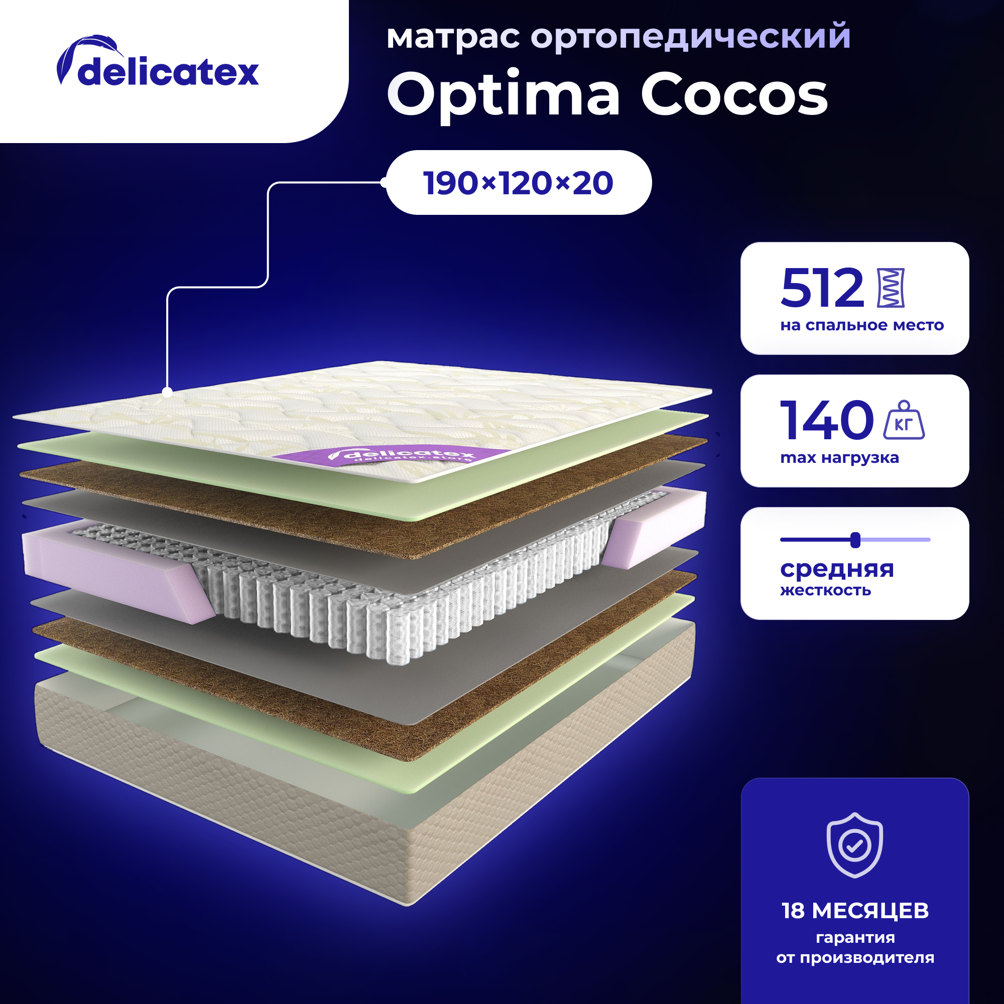 Матрас пружинный в скрутке Delicatex, Optima Cocos 120x190, высота 20 см, жесткость средняя
