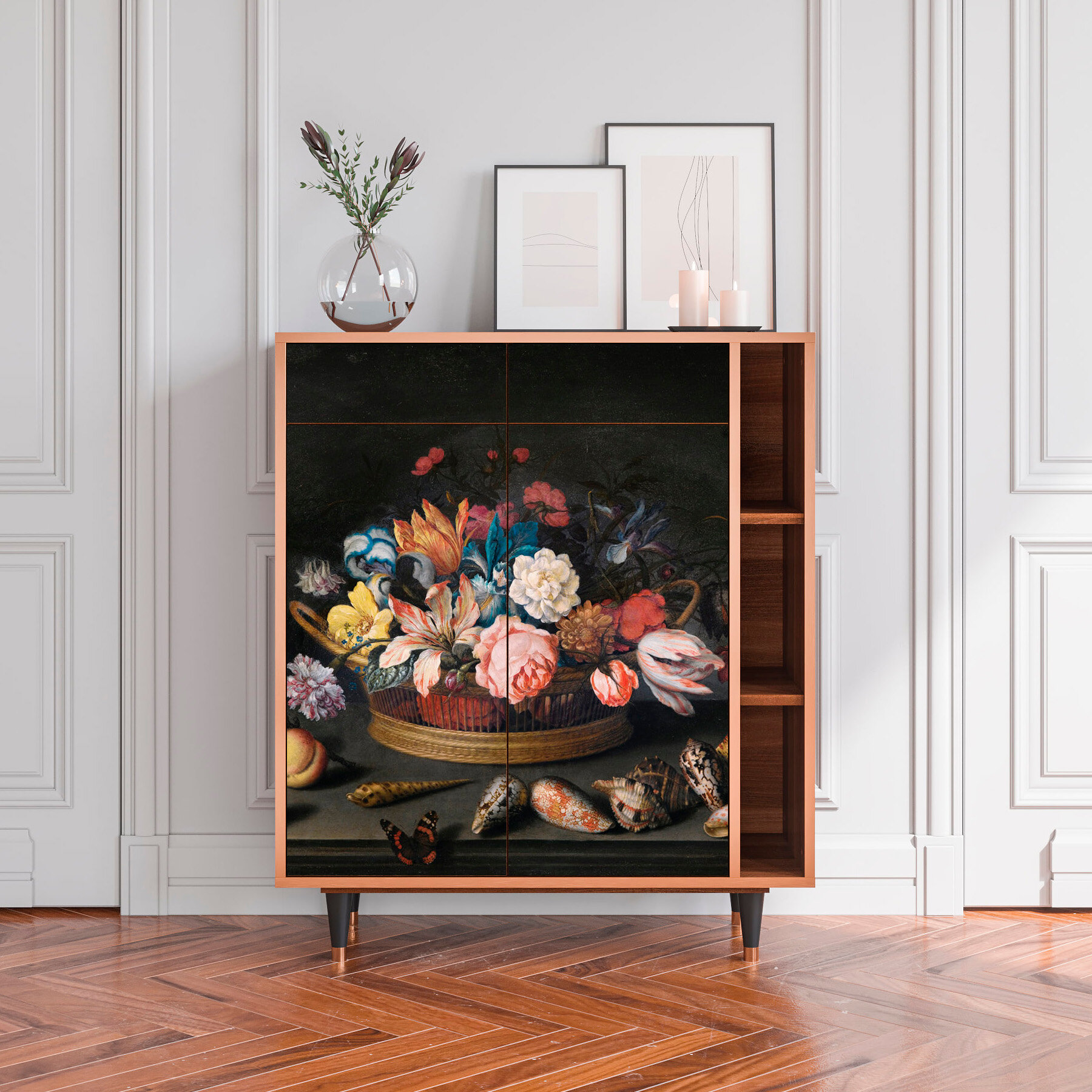 Комод - STORYZ - BS6 Still Life with Flowers and Shells by Balthasar van der Ast, Размер - 94 x 110 x 41 см, Цвет корпуса - , Орех