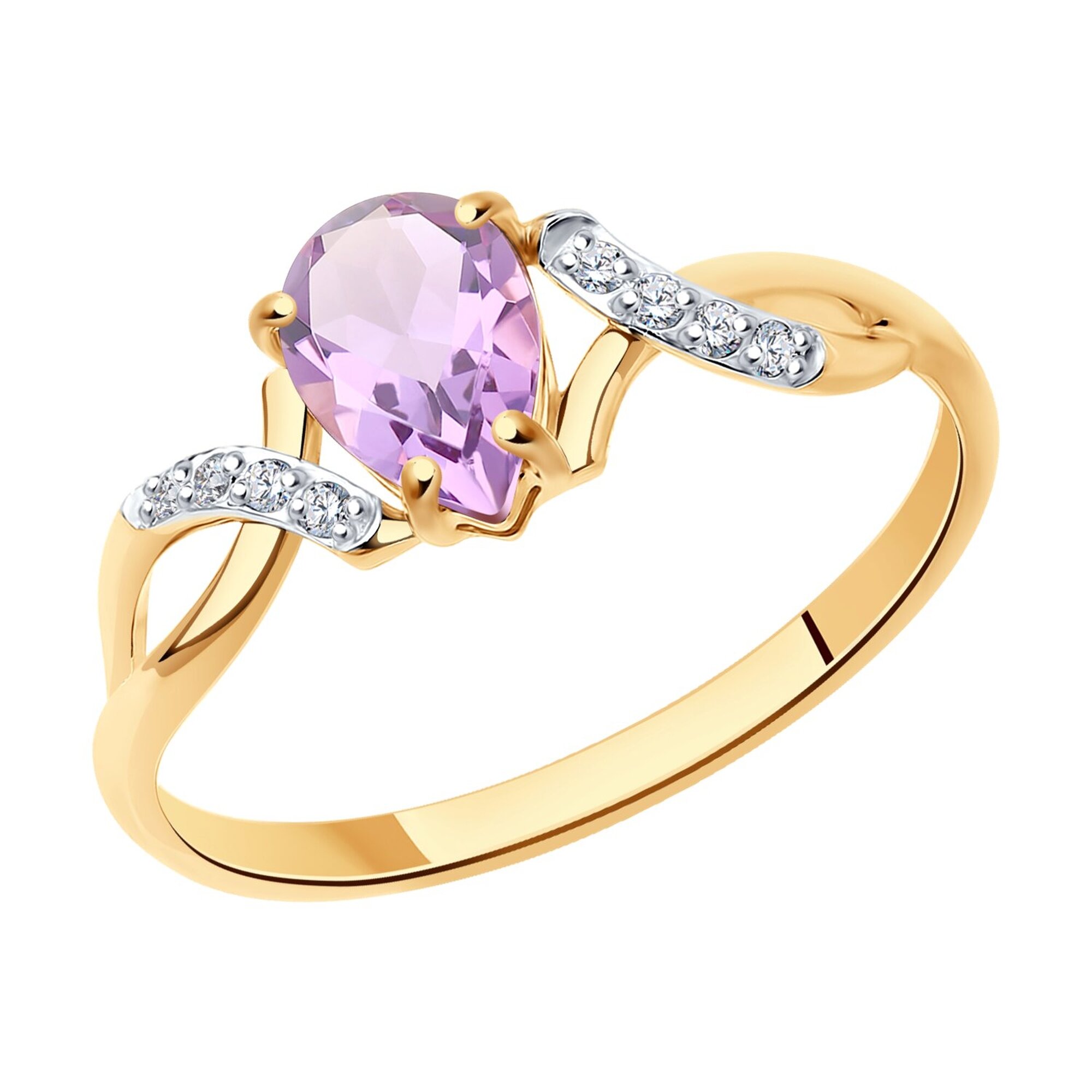 Кольцо, красное золото, 585 проба, аметист, фианит