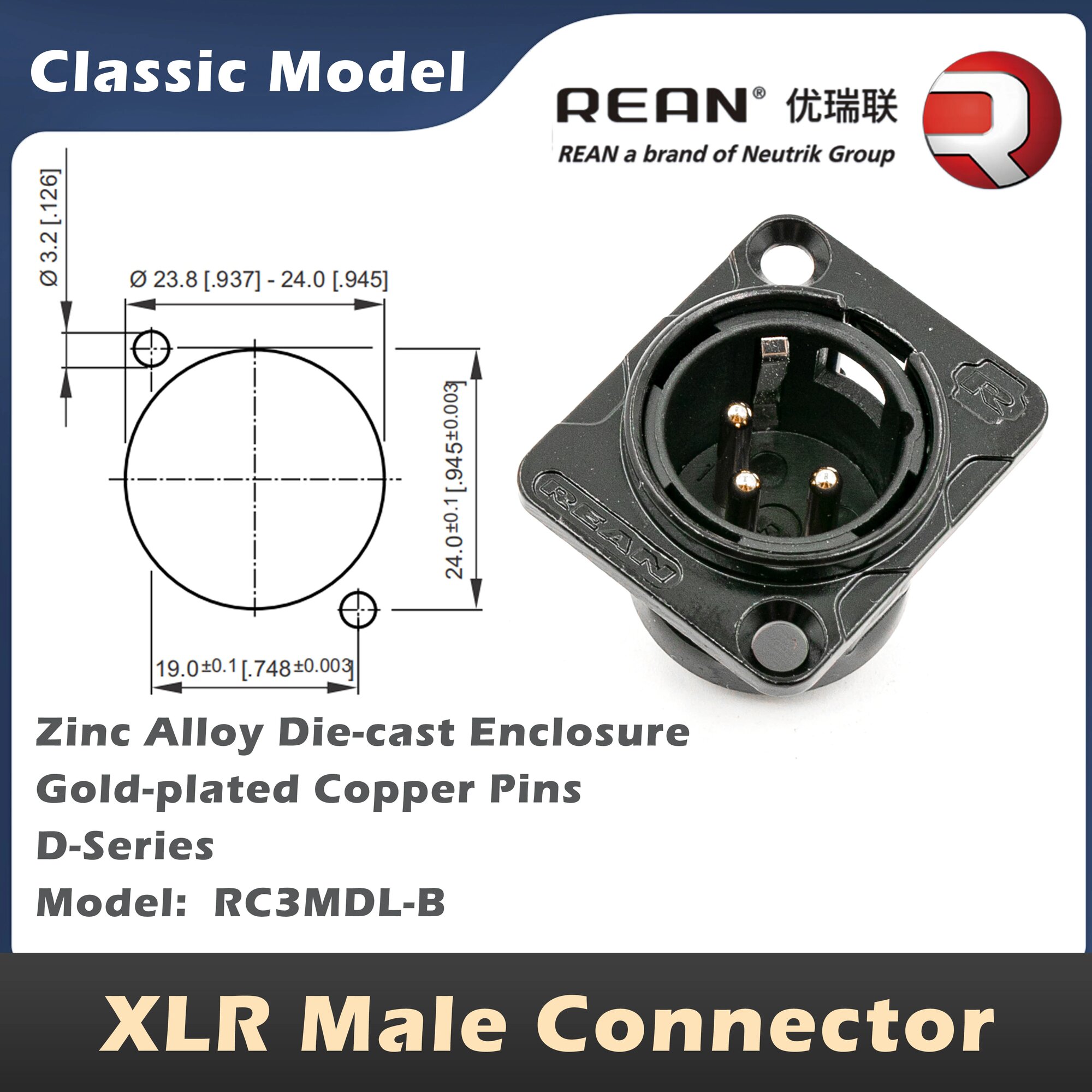 XLR Male Connector REAN RC3MDL-B, 3-pin