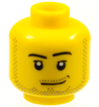 Minifigure, Head Male Smirk, Black Dimple, Pupils, Stubble Beard, Moustache, and Sideburns Pattern, 3626px301 Yellow N