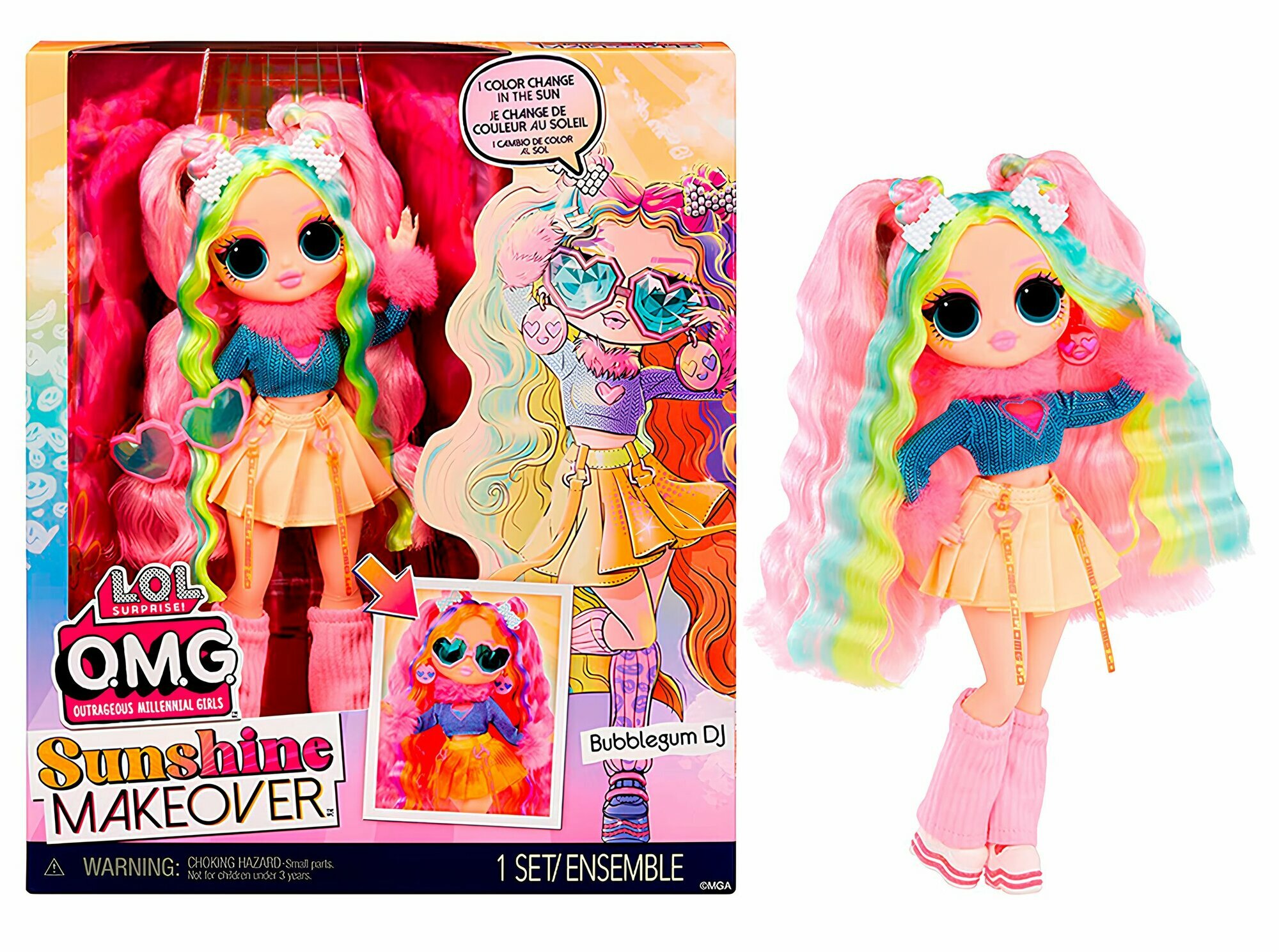 Кукла-сюрприз ЛОЛ Солнечный макияж DJ Баблгам / LOL Surprise OMG Sunshine Makeover DJ Bublegum (25см) с меняющимся цветом на солнце