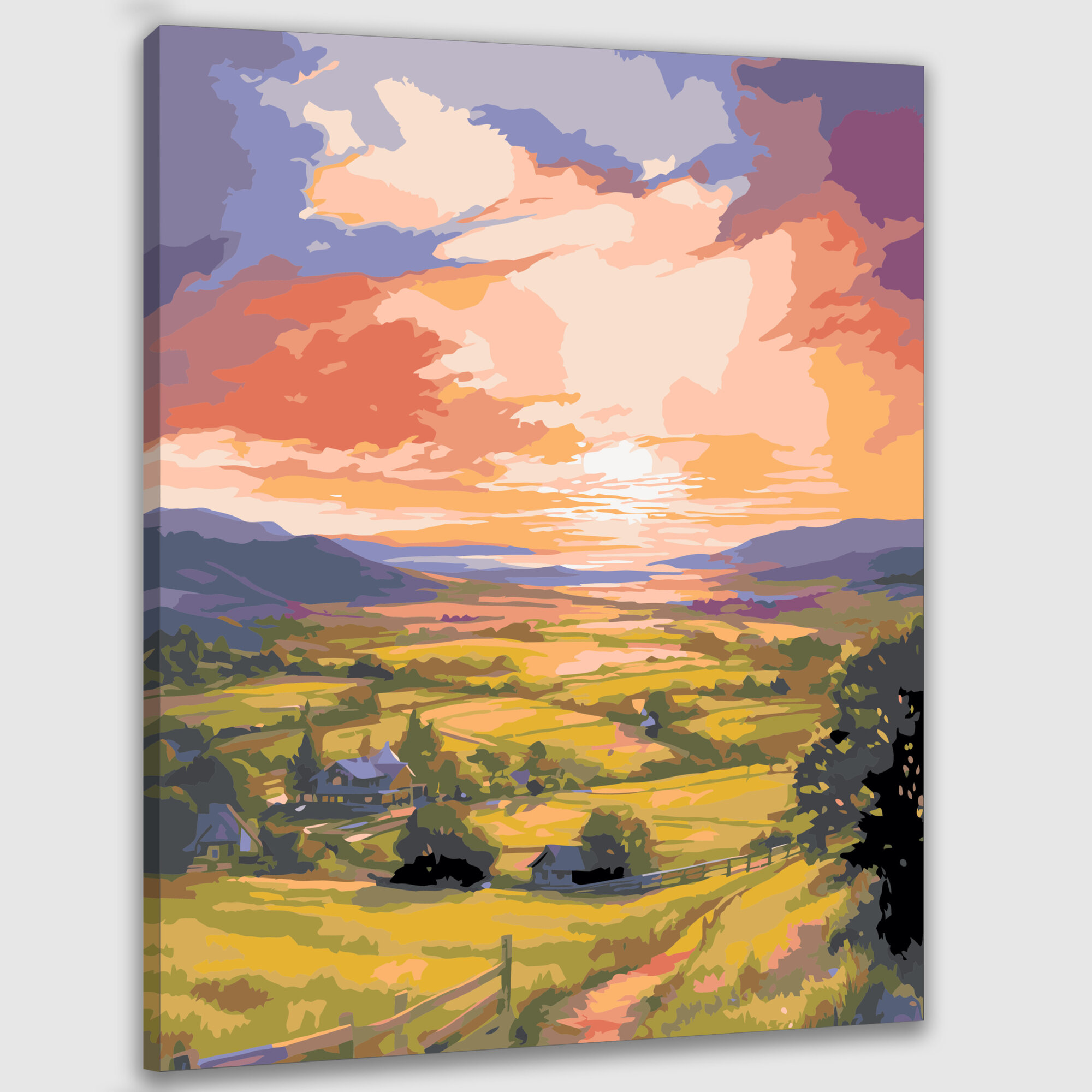 Картина по номерам 40x50 см, акварельная картина, сельский пейзаж, закат, холмы, зеленая трава, свет заходящего солнца